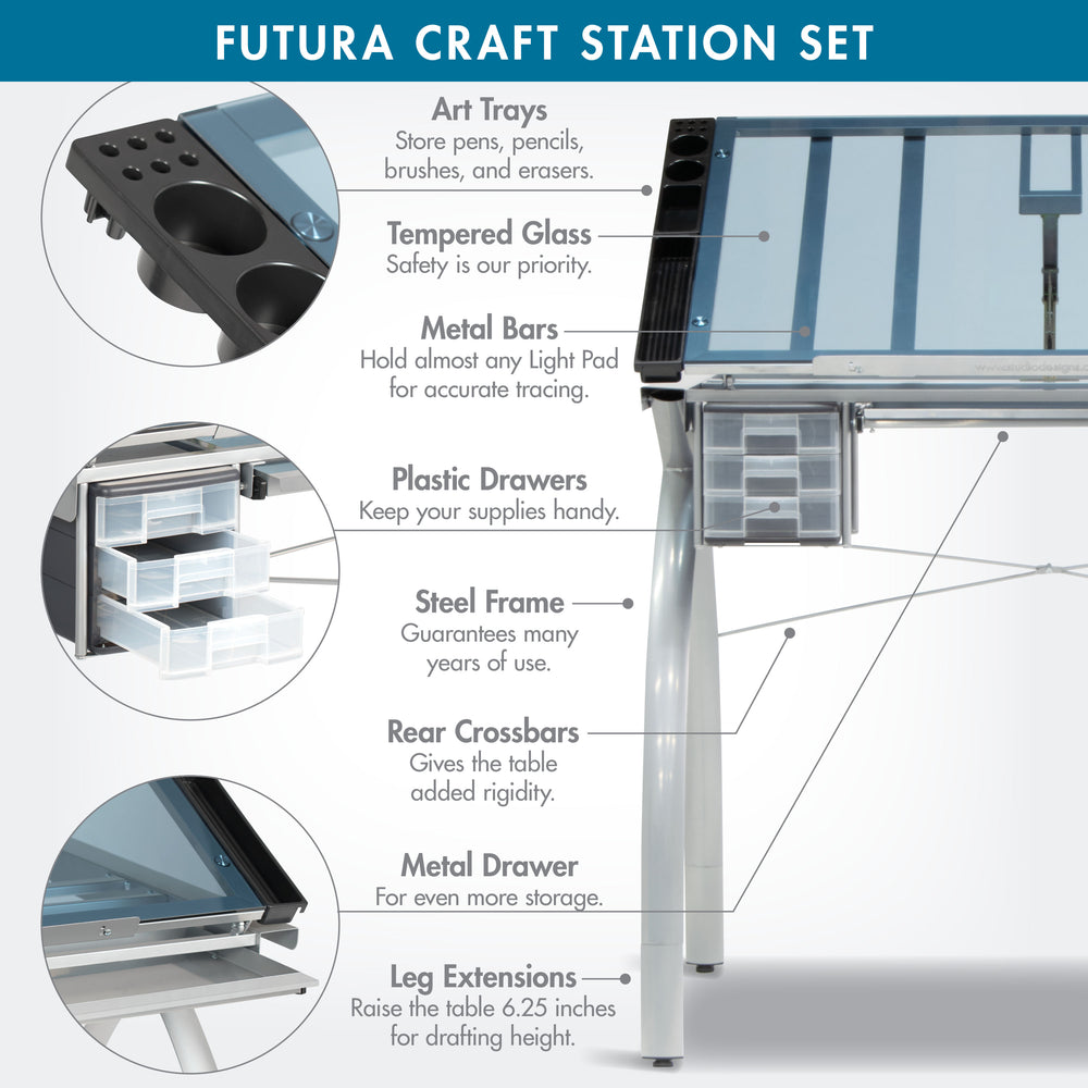 Futura Deluxe Drafting Table with Light Pad Support Bars & Drafting He ...