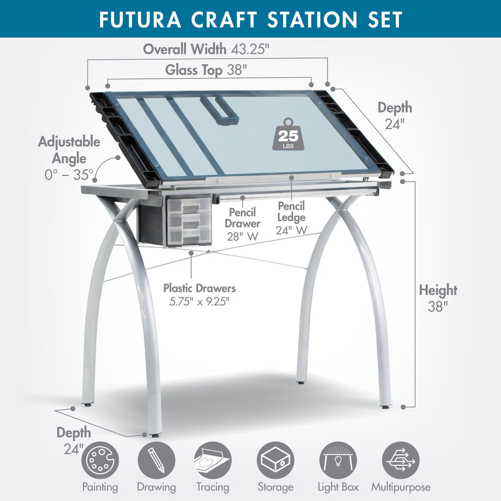 Futura Deluxe Drafting Table with Light Pad Support Bars & Drafting He ...