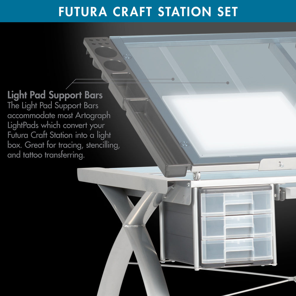 Futura Deluxe Drafting Table with Light Pad Support Bars & Drafting He ...