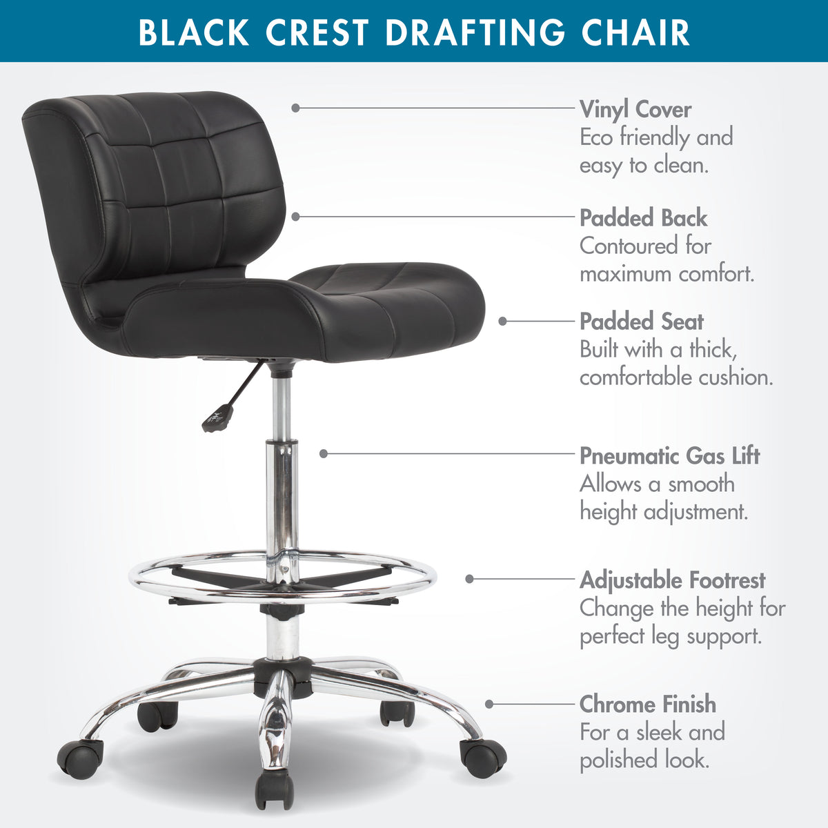 Black Crest Height Adjustable Drafting Chair with Foot Ring, Black 106 ...