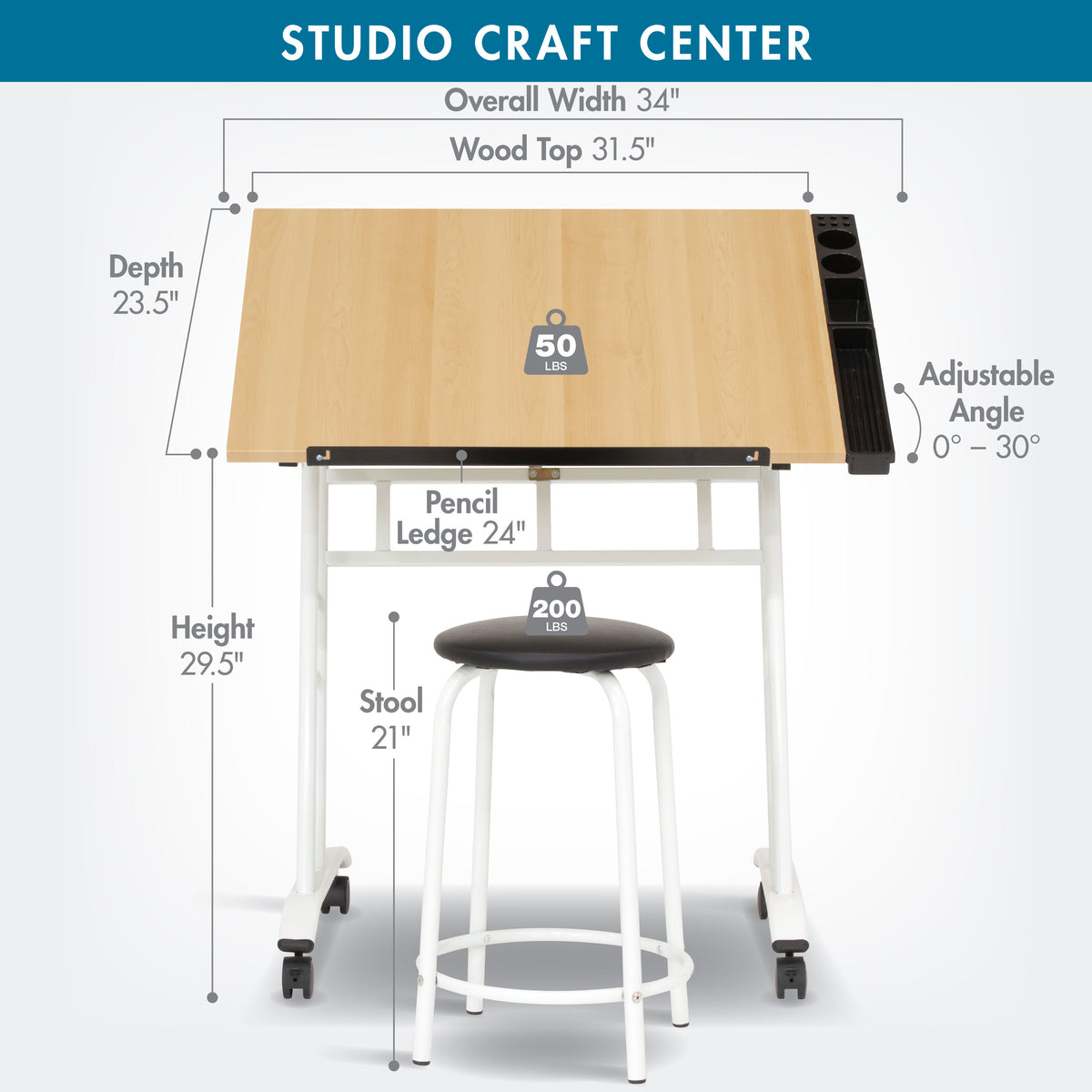 Studio Craft Center 2 Pc Rolling Drawing Table and Stool Set with Adju ...