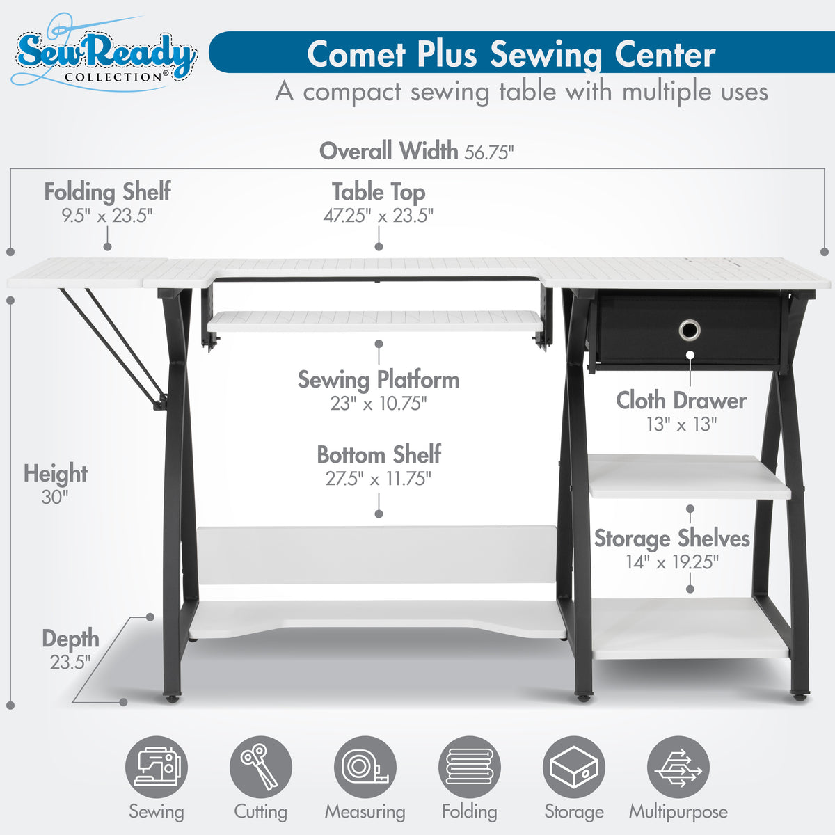 Comet Plus Sewing Machine Table with Cutting Measuring Grid Top, Heigh ...