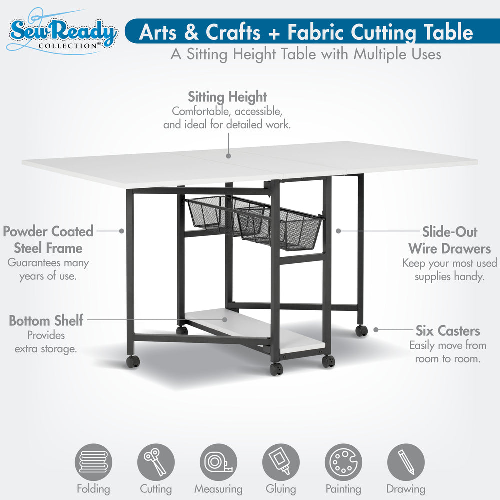 Mobile Folding Fabric Cutting Table with Wheels and Storage Sitting He ...