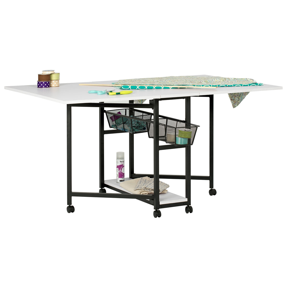 Mobile Folding Fabric Cutting Table with Wheels and Storage Sitting He ...
