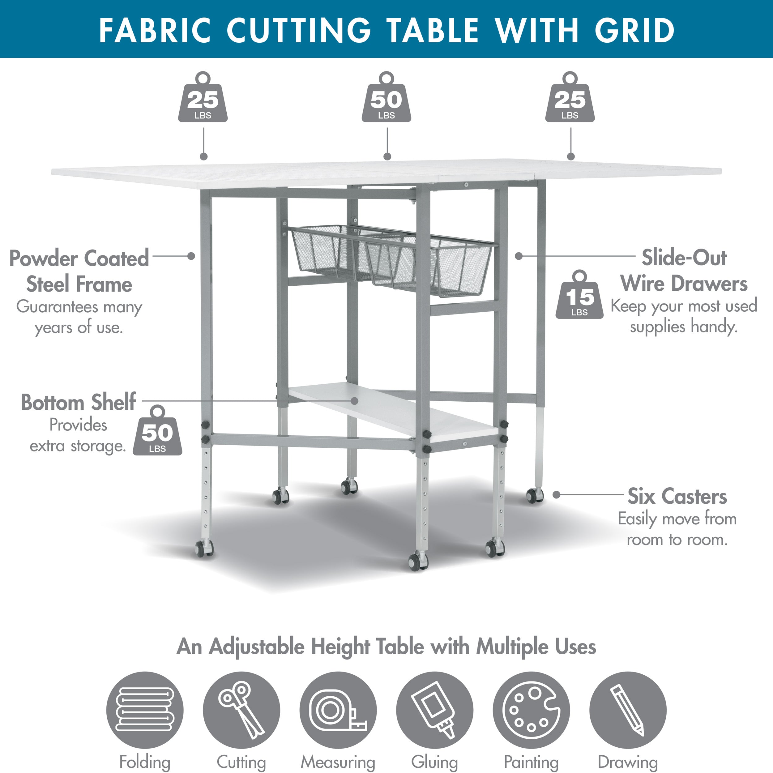 Hobby Fabric Cutting Table with Grid & Guides, Mobile, Folding, Height ...