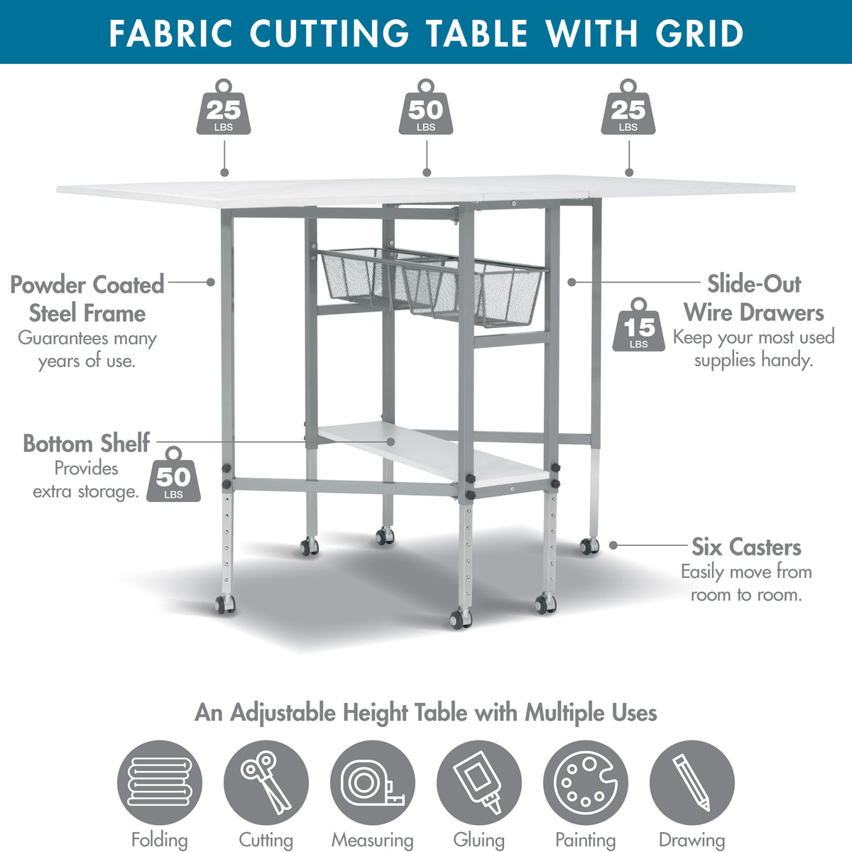 Hobby Fabric Cutting Table with Grid & Guides, Mobile, Folding, Height ...