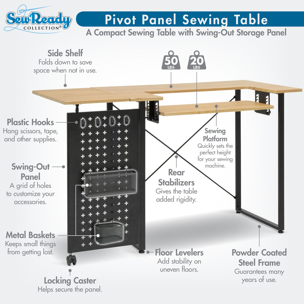 Pivot Sewing Table with Swingout Pegboard Panel with Storage Accessori ...