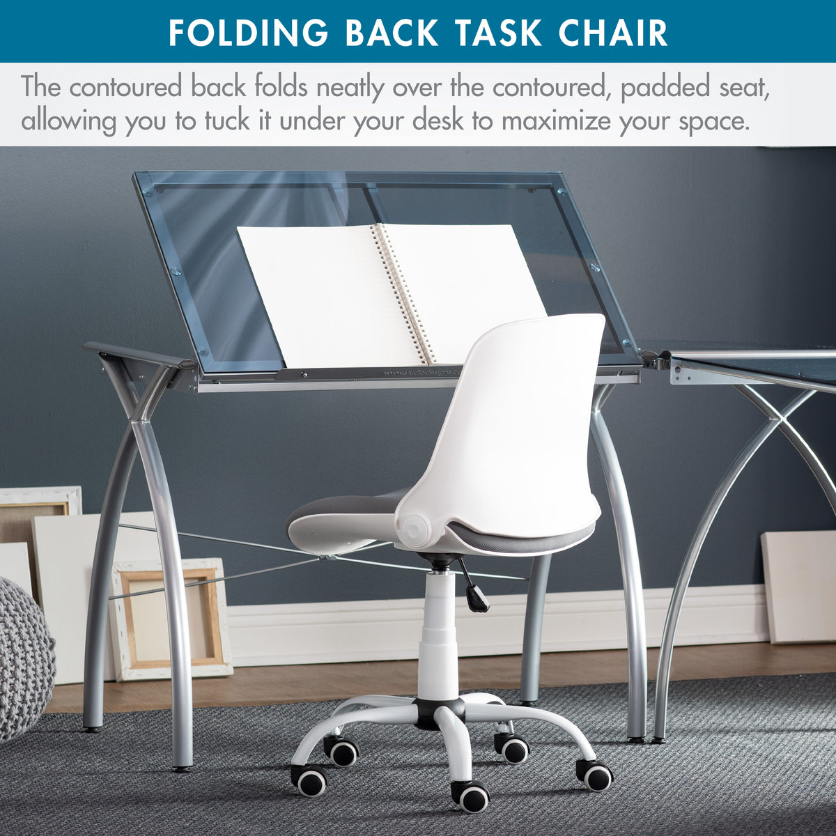 Folding Back Swivel Task Chair, White 18617 – Studio Designs