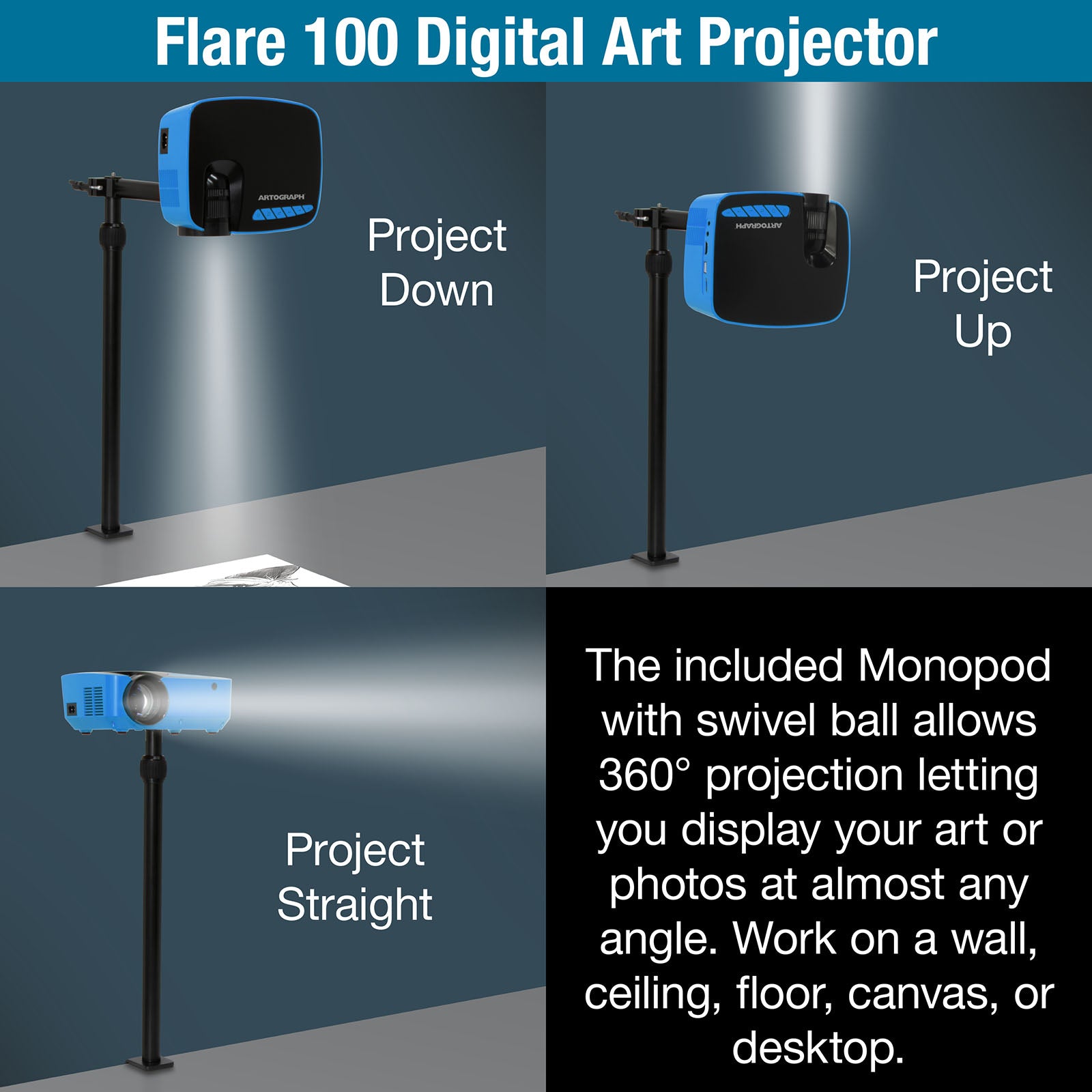 Flare 100 Digital Art Projector with Monopod Arm Clamp Stand - HDMI, A – artograph