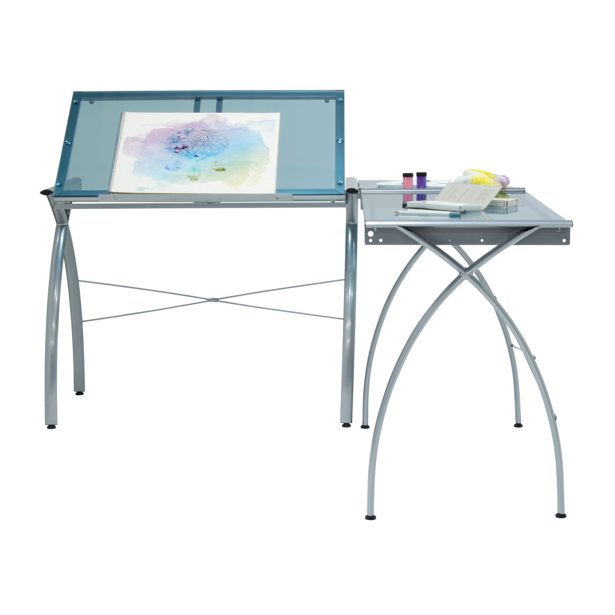 Futura Modern L-Shaped Desk with Adjustable Table Top, Silver/Blue Gla ...