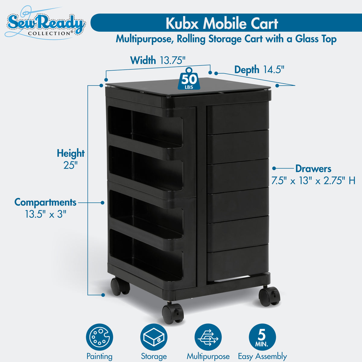 Kubx™ Rotating 4-Sided Mobile Storage Organizer with Glass Top, Multip ...