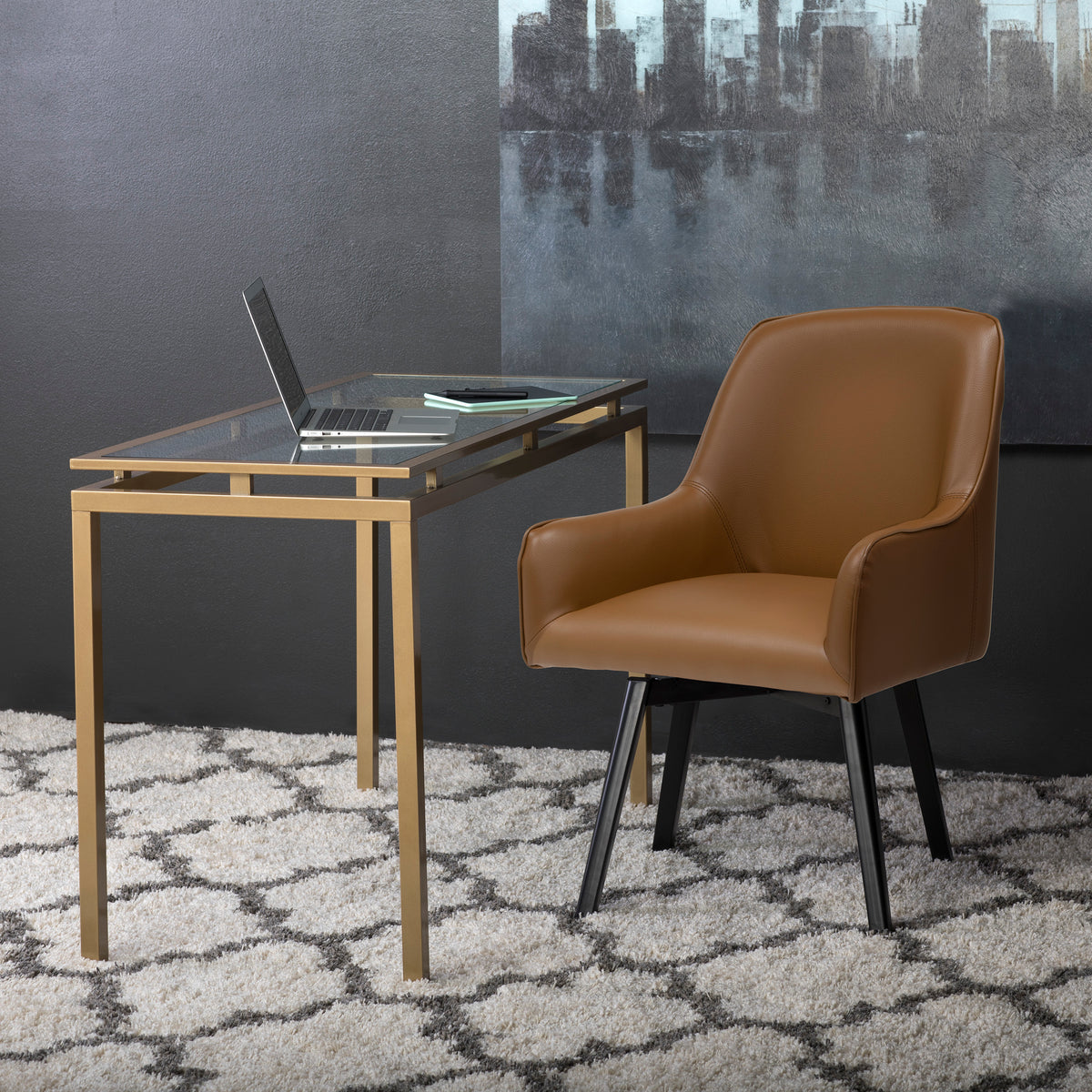 Spire Luxe Swivel Chair with Arms Blended Leather Metal Legs, Black ...