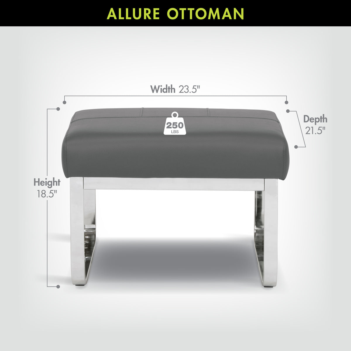 Allure Modern Rectangular Ottoman in Blended Leather, Chrome / Smoke G ...