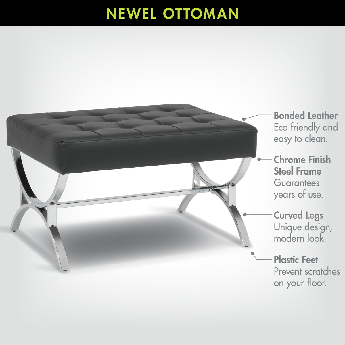 Newel Modern Square Ottoman Blended Leather and Chrome Metal Frame, Ch ...