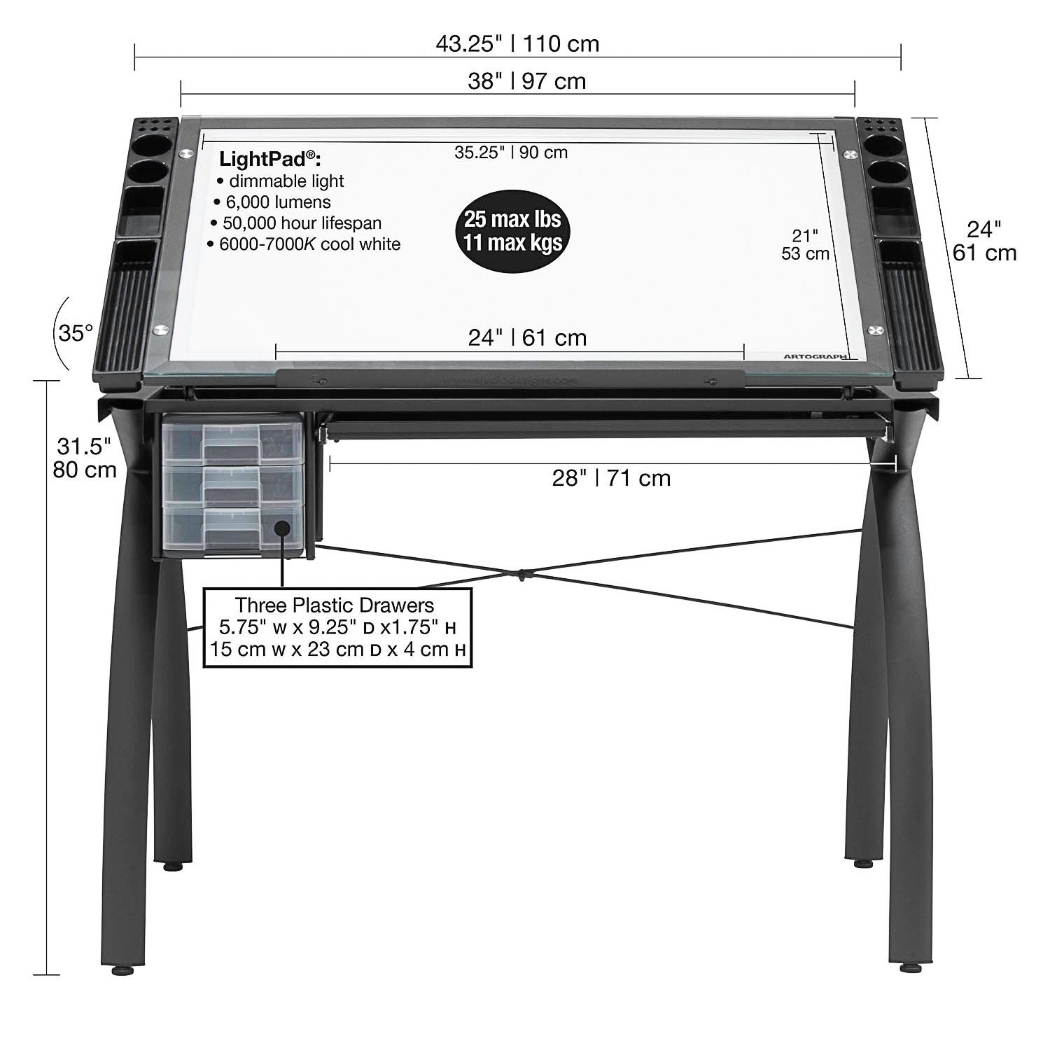 Futura Light Table For Artists with Adjustable Top, Storage and Dimmab ...
